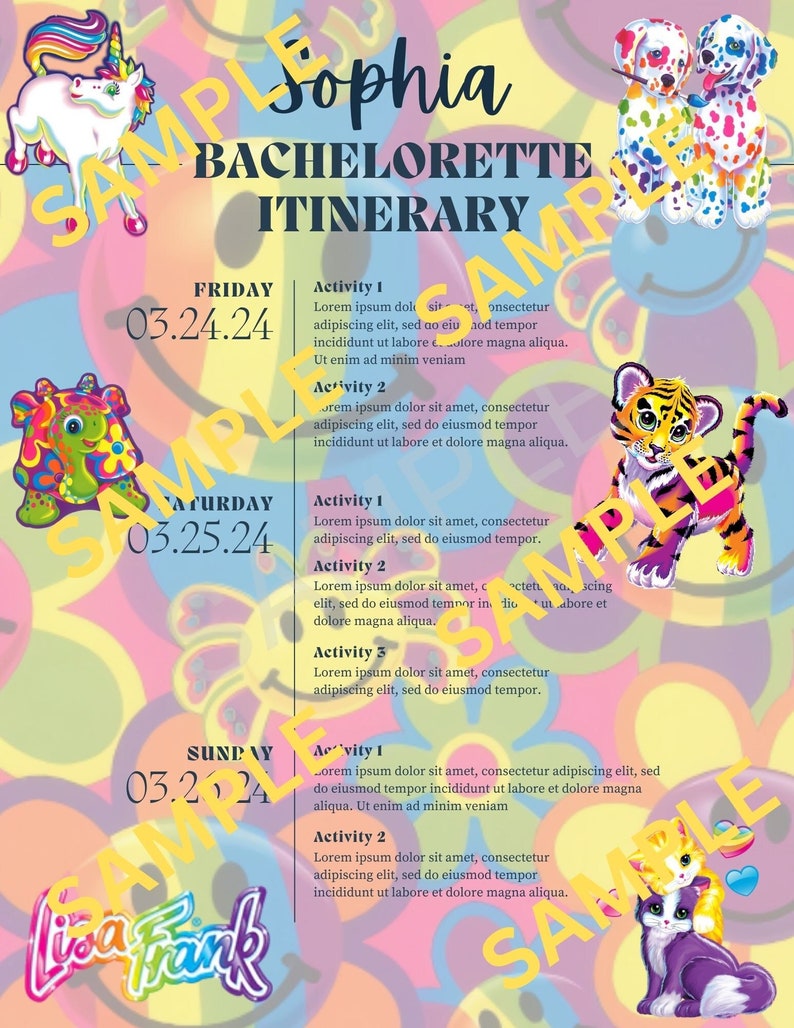 Lisa Frank Inspired Bachelorette Itinerary! Canva Link - Etsy