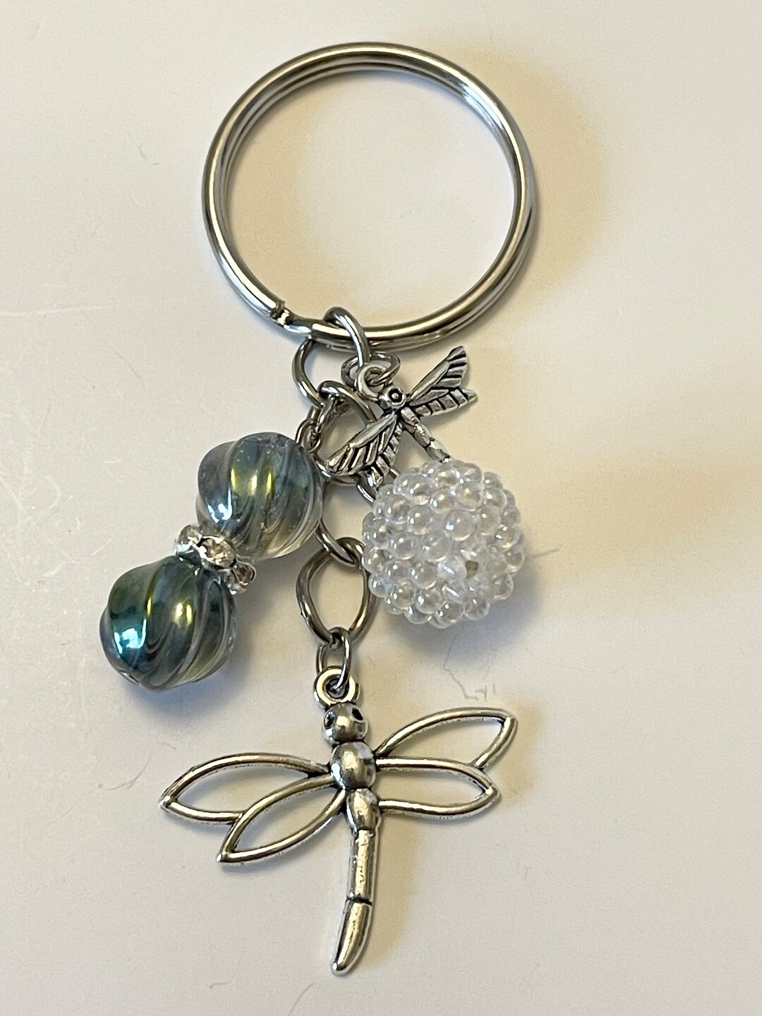 DRAGONFLY KEYCHAIN Iridescent Beads Zipper Pull Purse Charm 3.5" Long ...