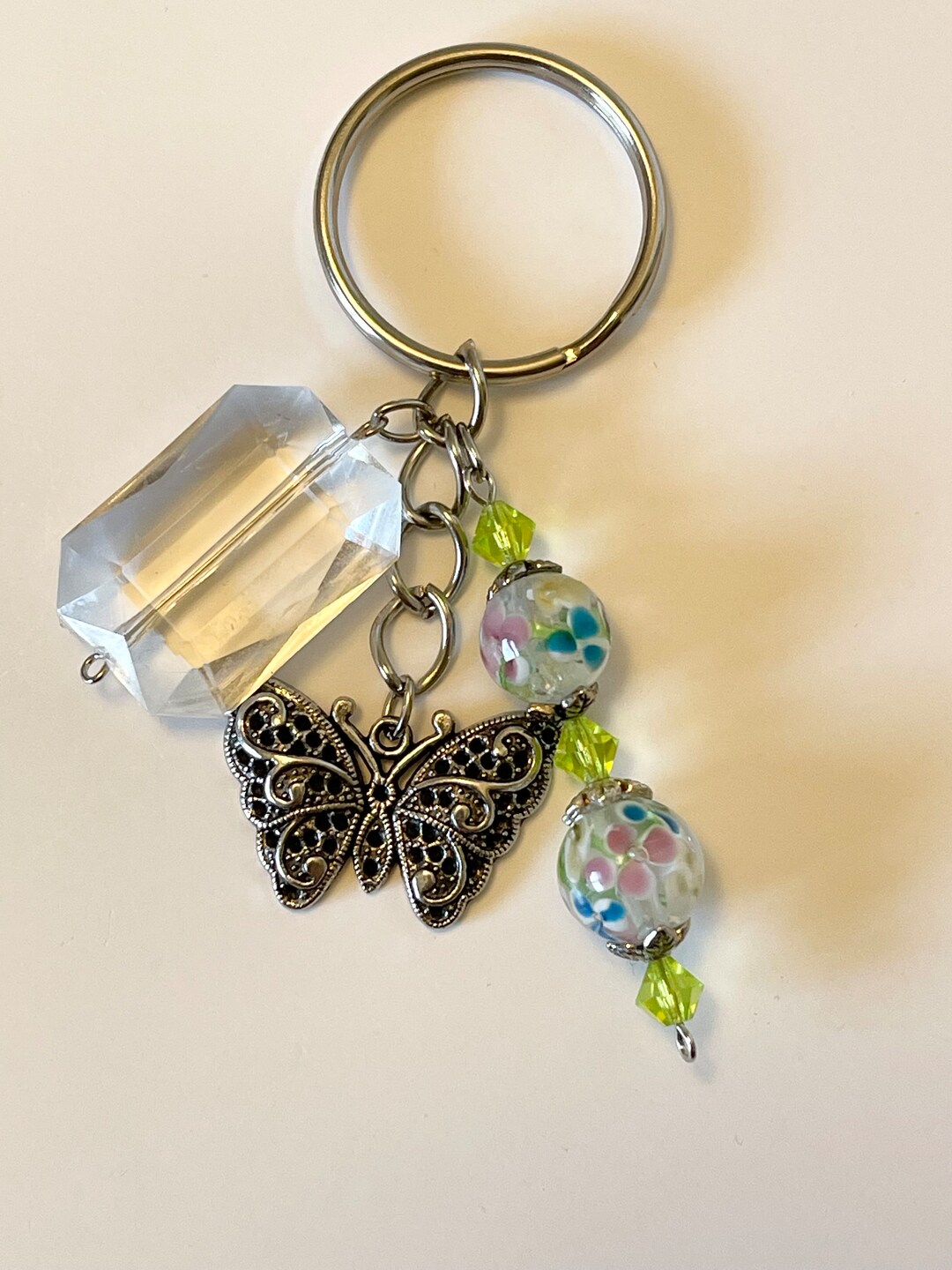 BUTTERFLY & FLOWERS KEYCHAIN Lampwork and Apple Green Beads Zipper Pull ...