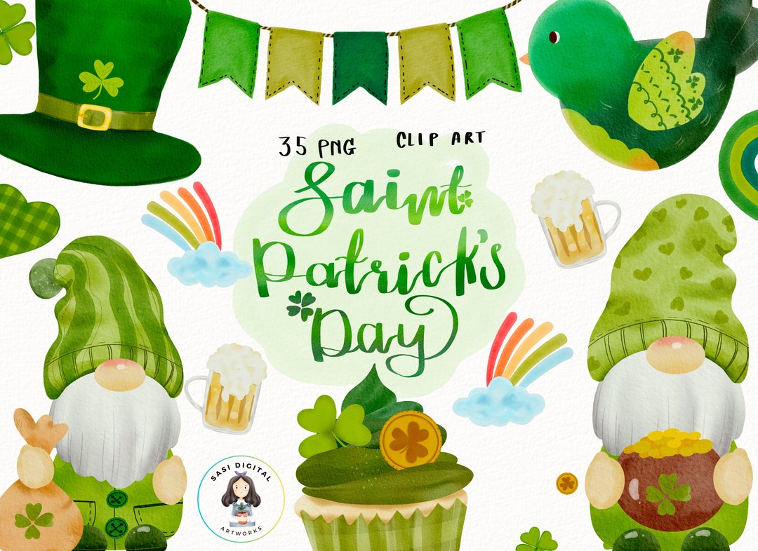 St Patricks Day Watercolor Clipart Saint Patricks Gnomes Green Lucky ...