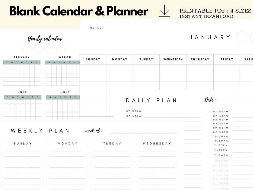 Blank Calendar Yearly Monthly Weekly Daily Notes Printable Sunday Start ...