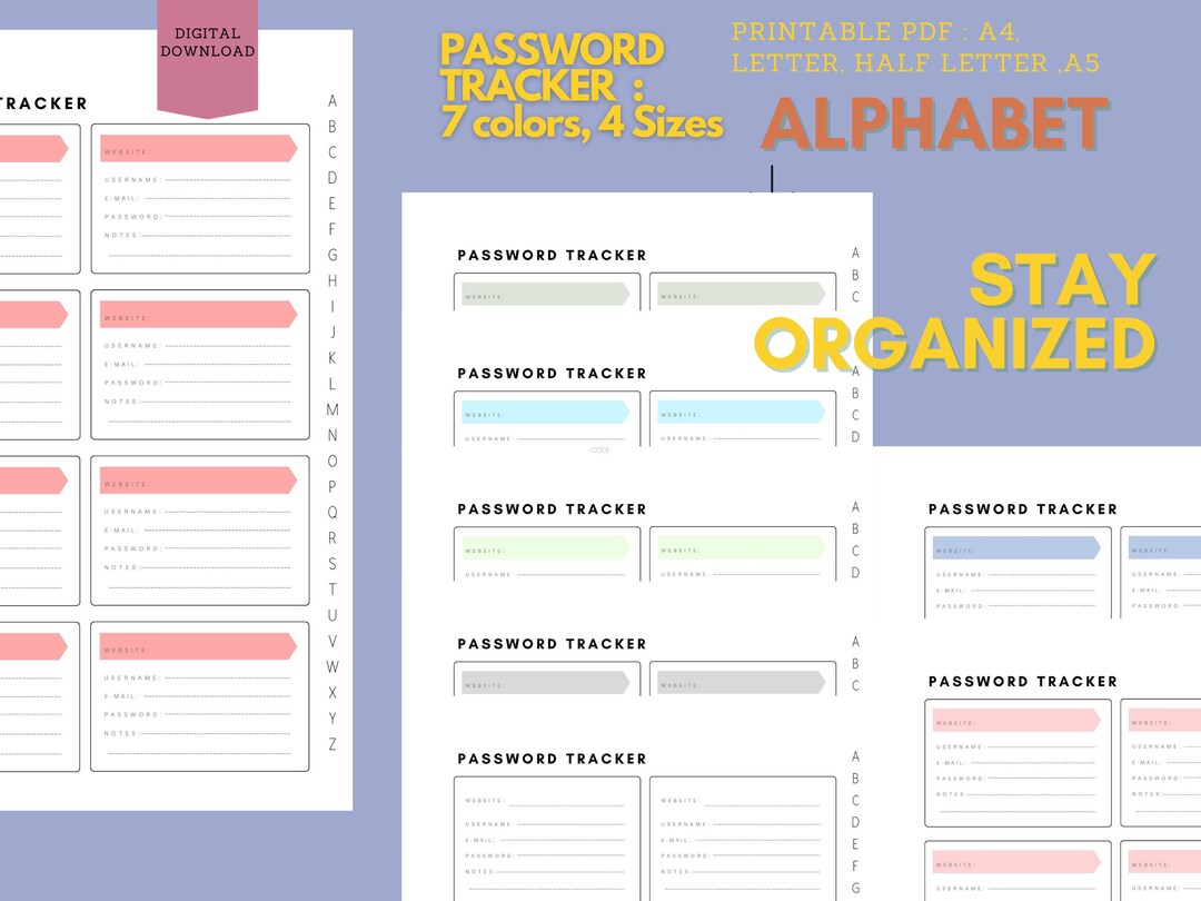Password Tracker Log Alphabet Order Bar 4 Sizes A4 Letter Half Letter ...