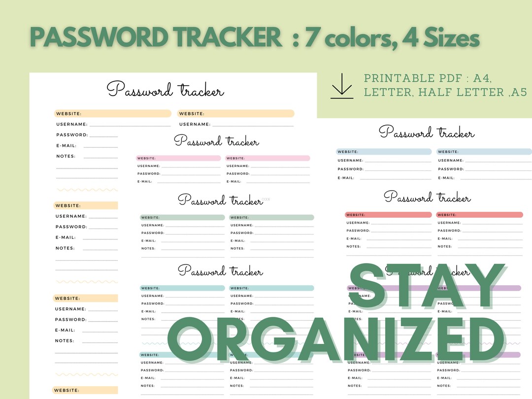 Password Tracker Keeper Log Stay Organized Digital Download Printable Pdf Files 4 Sizes A4