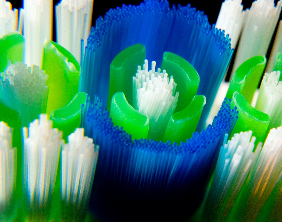 Macro Dental Art: Vibrant Blue and Green Toothbrush Bristles Close-up ...