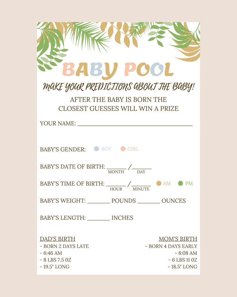 Baby Shower Predictions Game Template, Jungle Theme, Safari Theme, Co ...