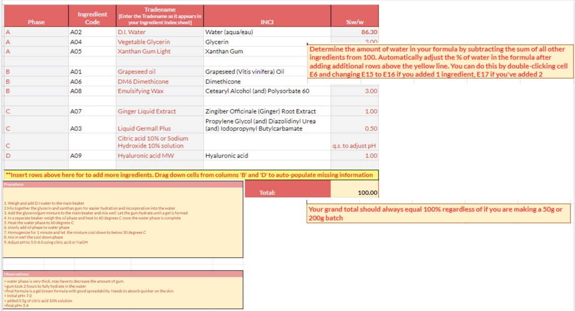 Formula Creation and Costing Template for Cosmetics - Etsy