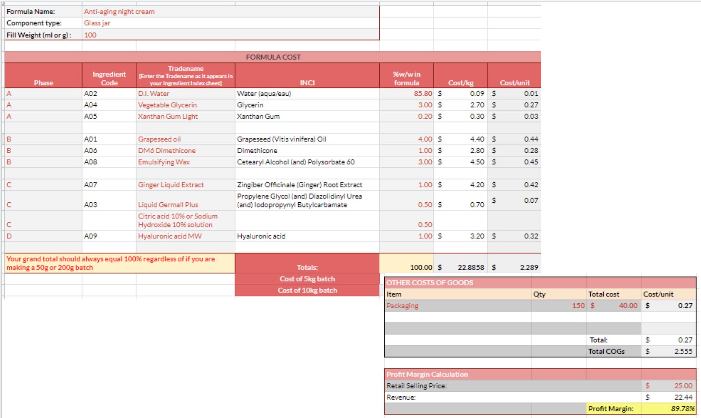 Formula Creation and Costing Template for Cosmetics - Etsy