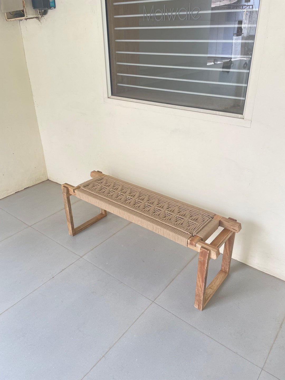 Hallway Bench, Cord Woven Bench Natural White, Beige & Black Color, End ...