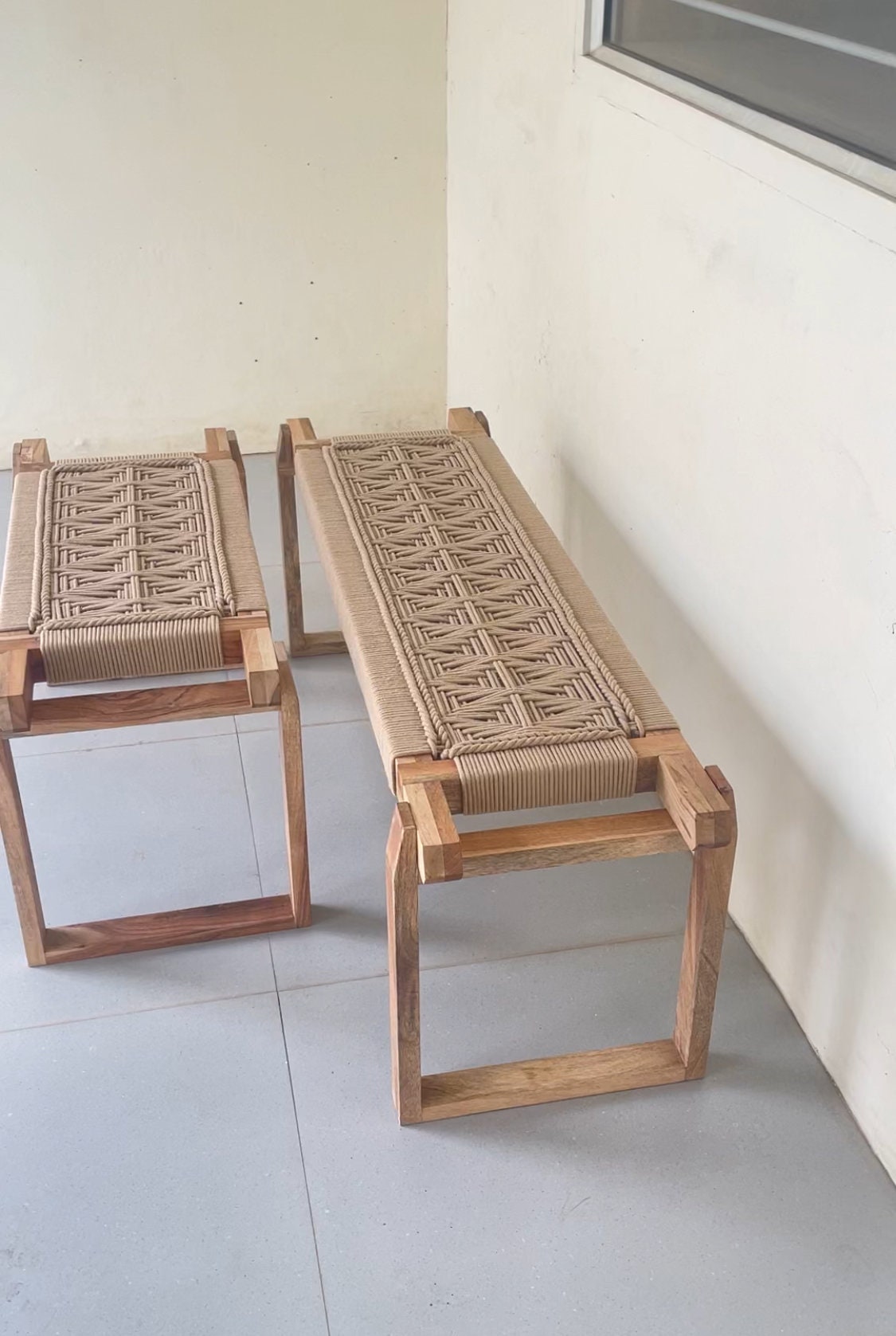 Hallway Bench, Cord Woven Bench Natural White, Beige & Black Color, End ...