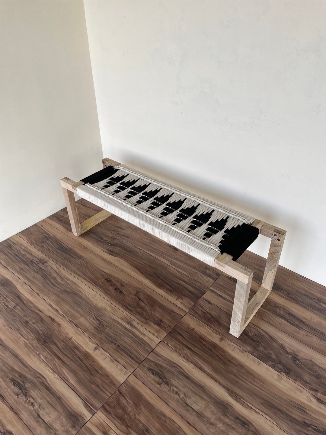 Woven Bench in Black and White Cotton Cord, Entryway Bench, End Bench ...