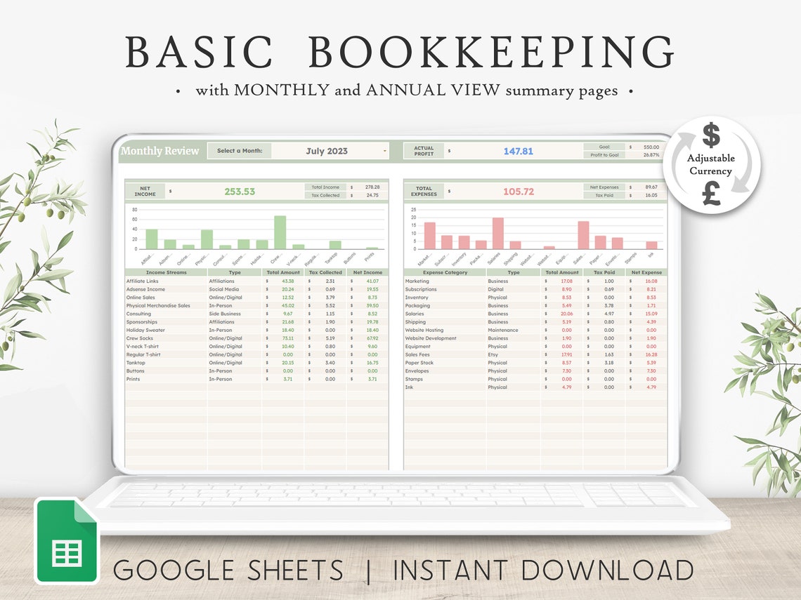 Basic Bookkeeping for Small Business | Google Sheets Template | Income ...