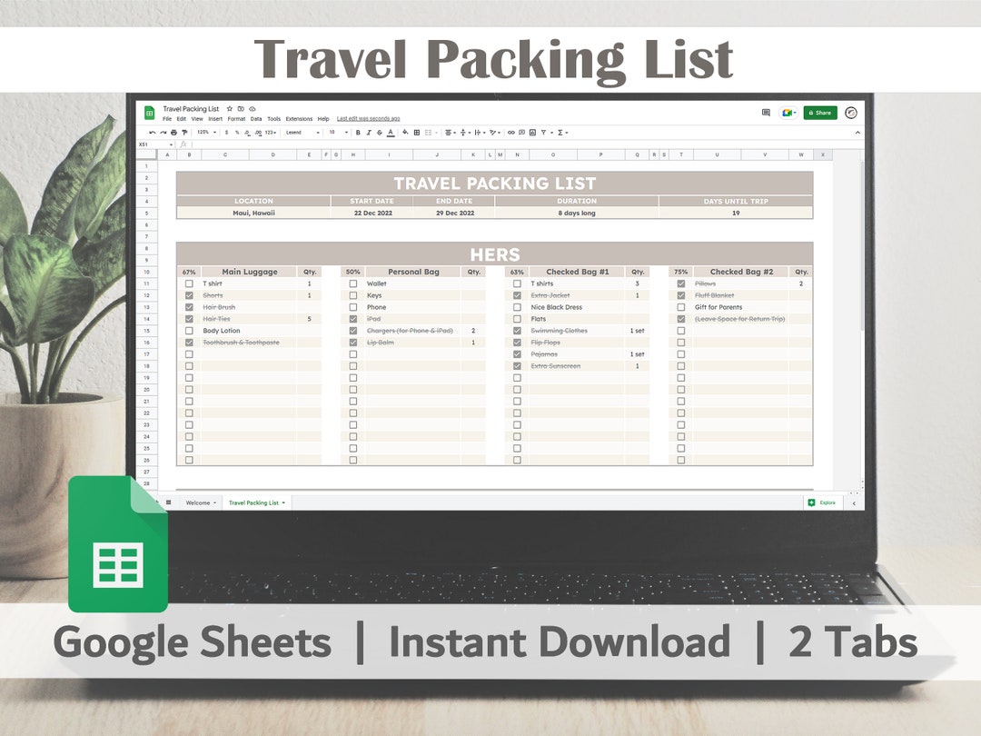 Travel Packing List Google Sheets Template Editable - Etsy