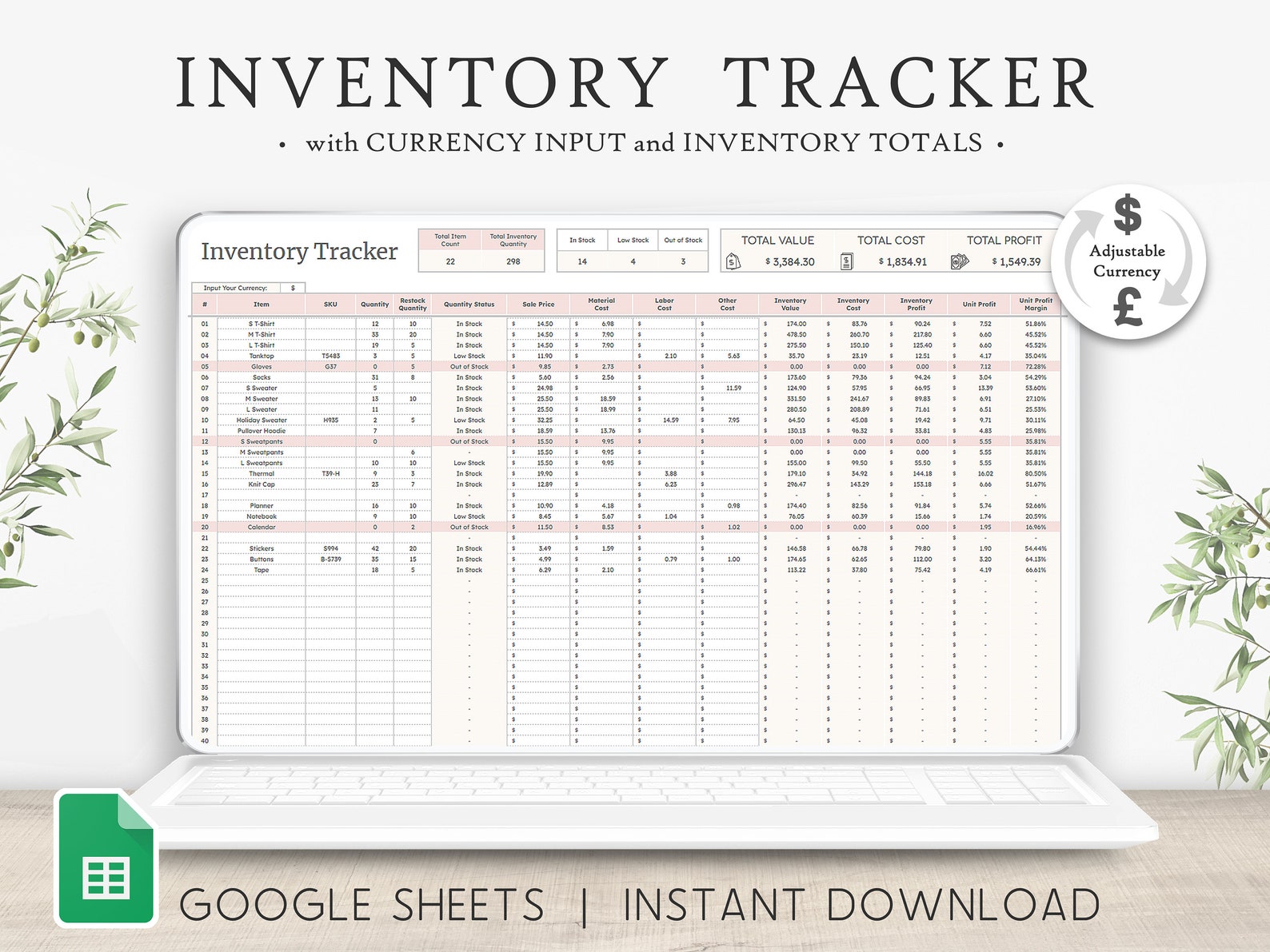 Inventory Tracker Spreadsheet | Google Sheets Template | Product ...