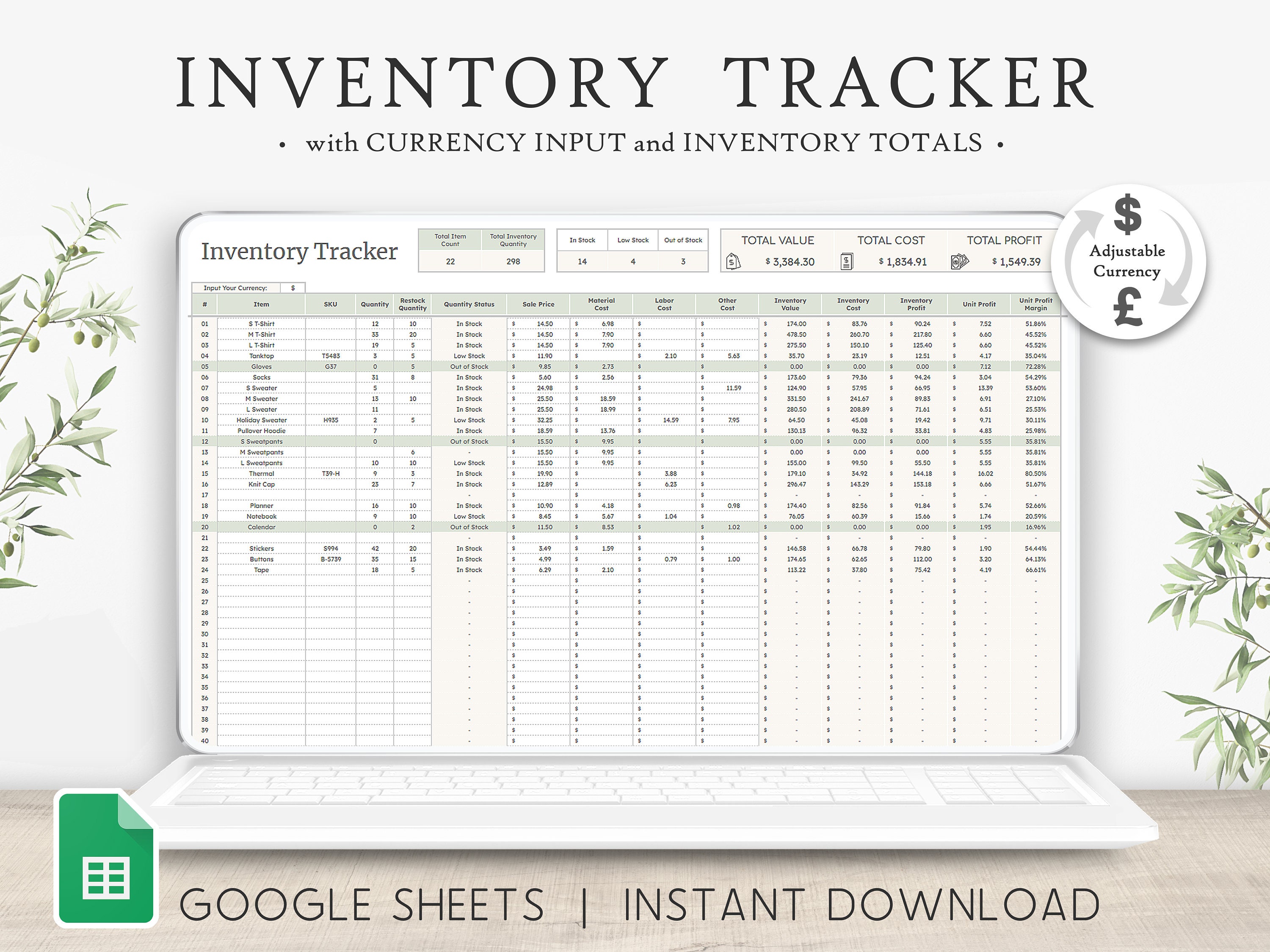 Inventory Tracker Spreadsheet | Google Sheets Template | Product ...