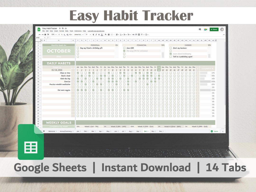 Habit Tracker Spreadsheet Google Sheets Template Daily - Etsy
