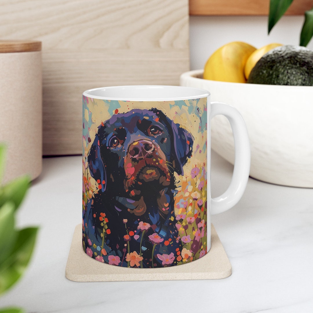 Black Labrador Art, Dog Flower Art, Dog Mom Gift, Ceramic Coffee Mug ...