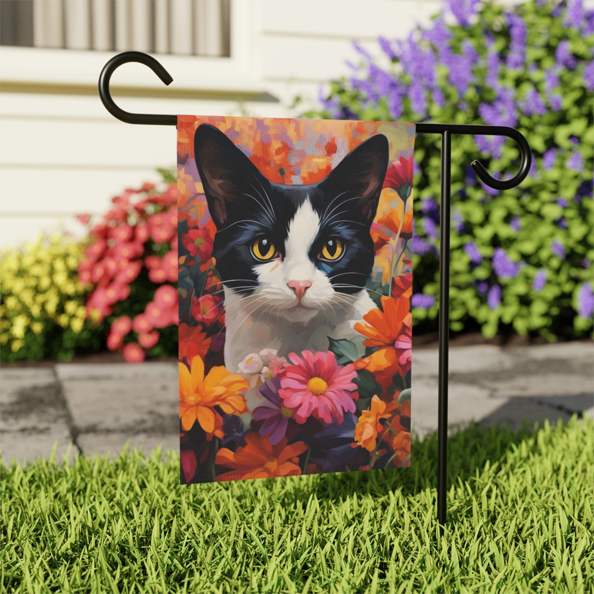 Tuxedo Cat Flower Yard Flag Tuxedo Cat Garden Sign Double Sided Print ...