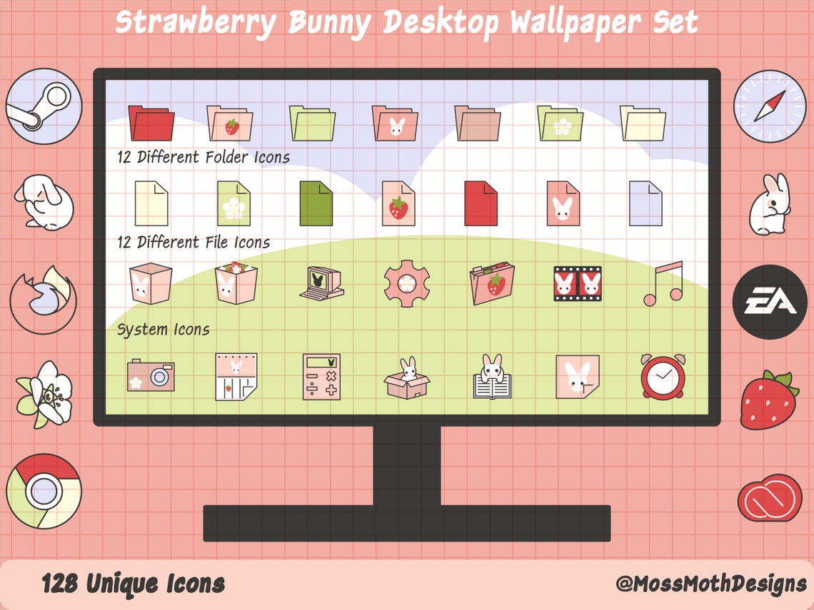 Strawberry Bunny Computer Theme | Mac and Windows | Custom Icons ...