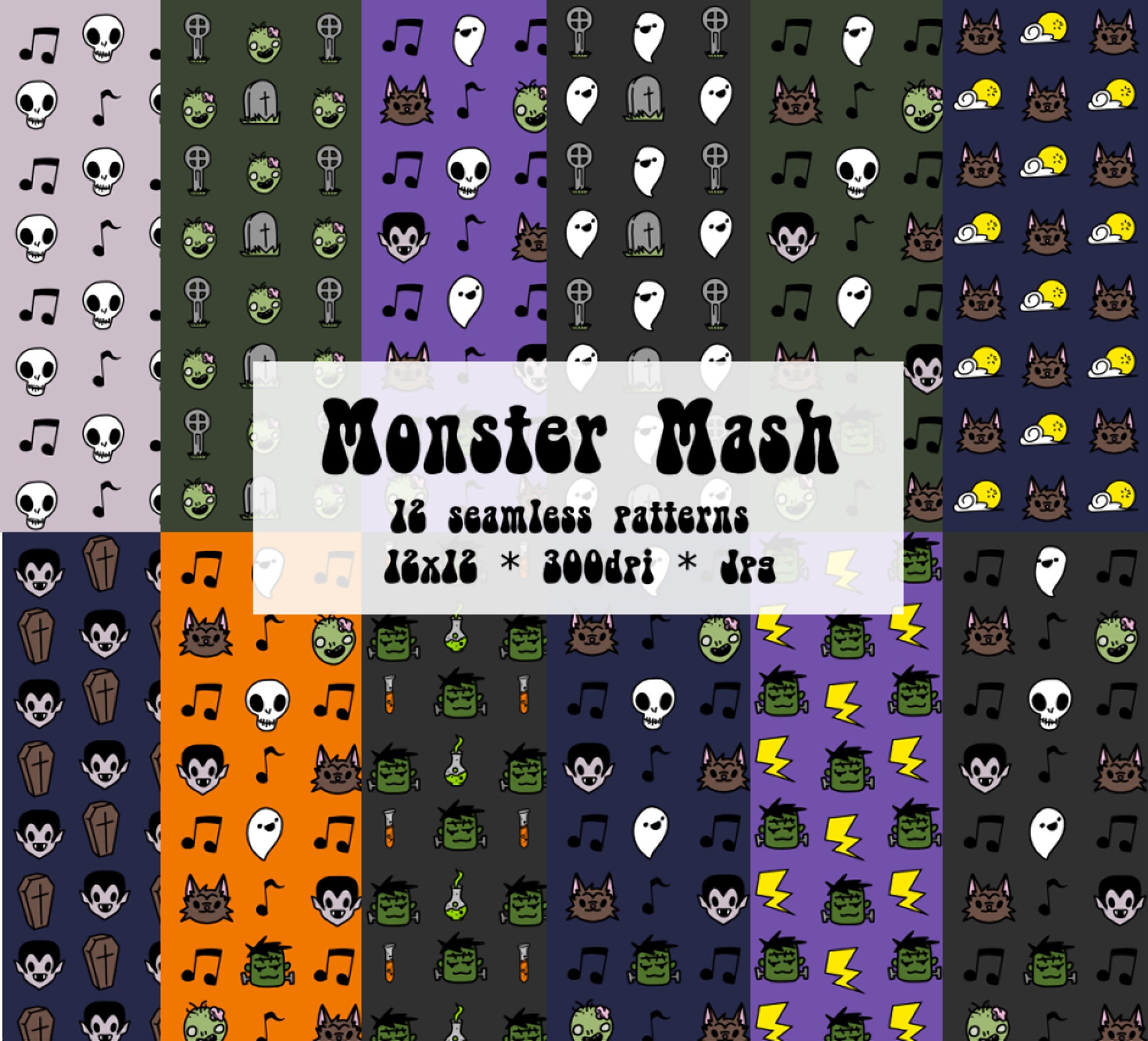 Monster Mash Theme Seamless Pattern Halloween Digital Paper - Etsy