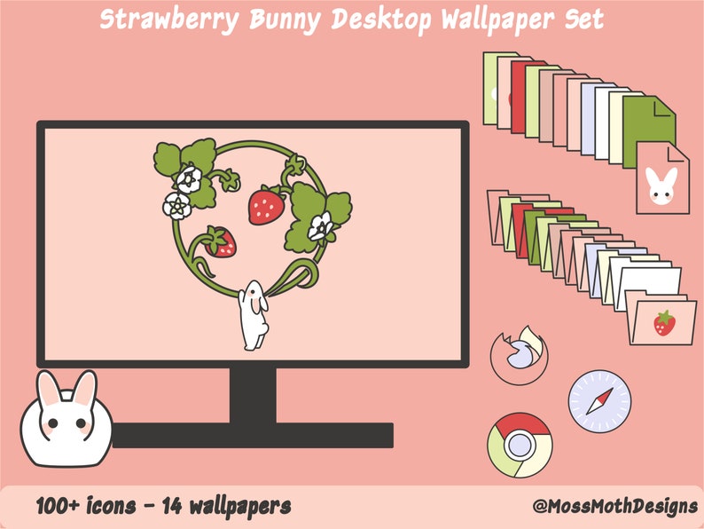 Strawberry Bunny Computer Theme | Mac and Windows | Custom Icons ...