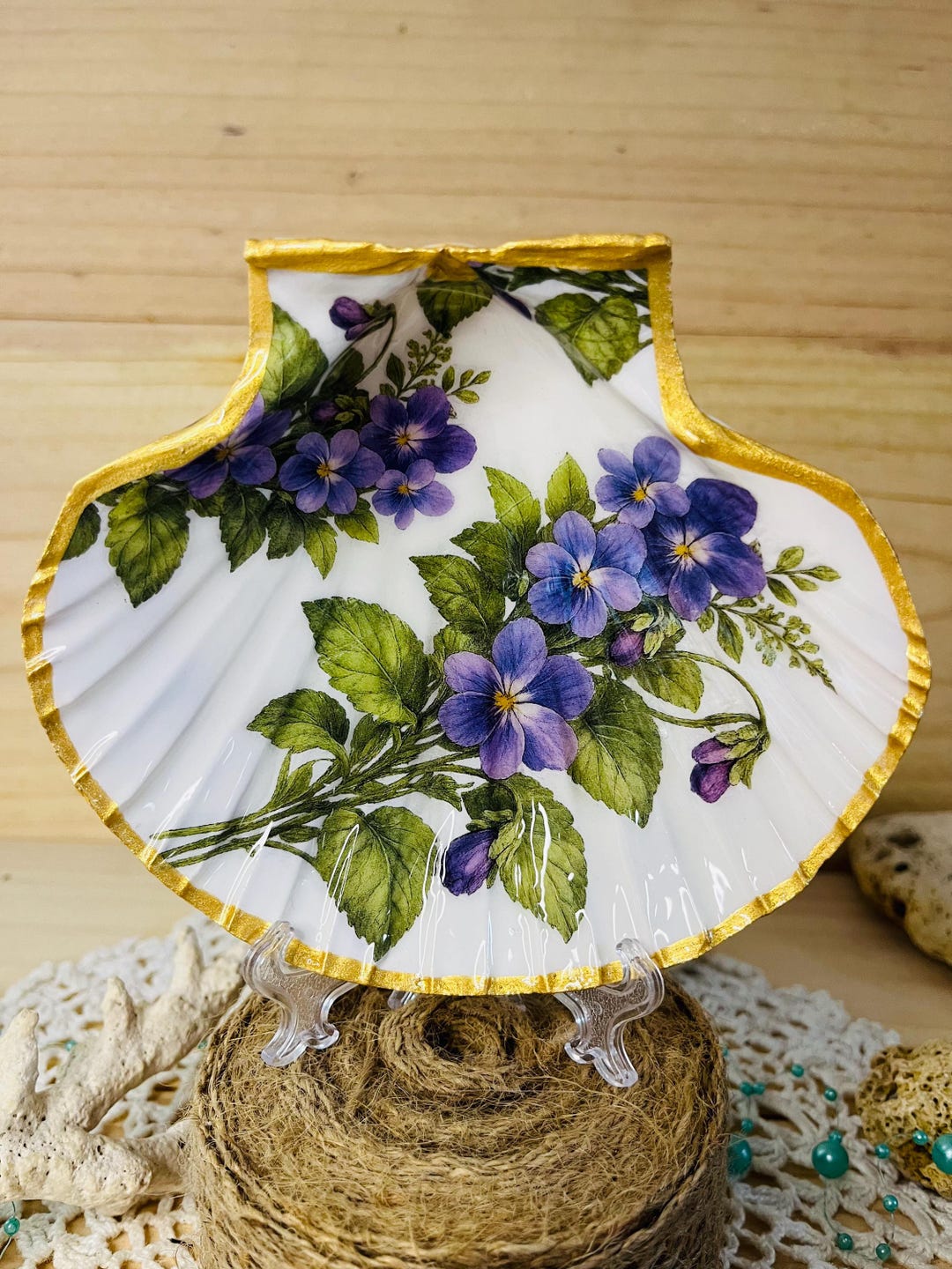 Decorated Scallop Shell With Violets – Handmade Jewelry Dish – Natural ...