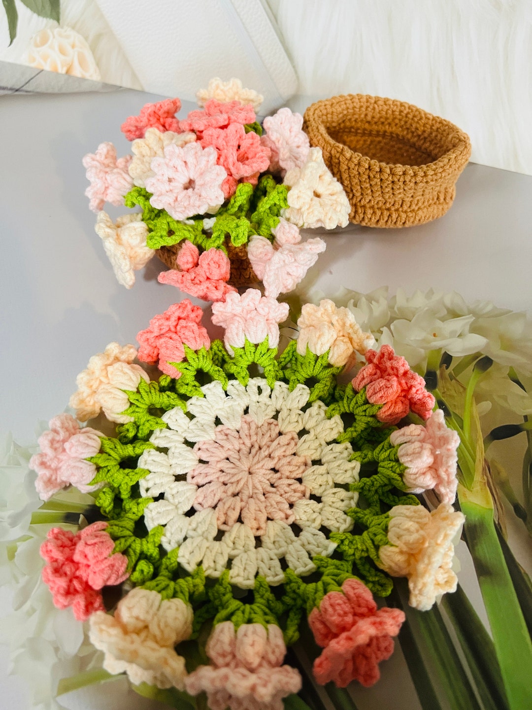 Crochet Flower Coaster Set of 4, Handmade Floral Coasters, Housewarming ...