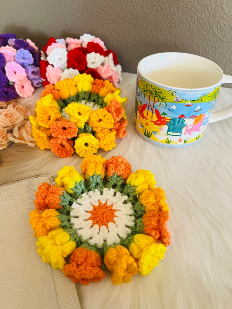 Crochet Flower Coaster Set of 4, Handmade Floral Coasters, Housewarming ...