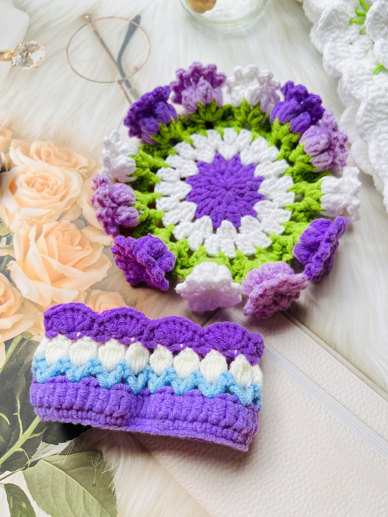 Crochet Flower Coaster Set of 4, Handmade Floral Coasters, Housewarming ...