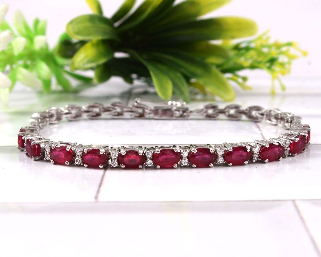 Ruby Gemstone Bracelet, Tennis Bracelet in 925 Sterling Silver for Woman, Natural Gemstone ...