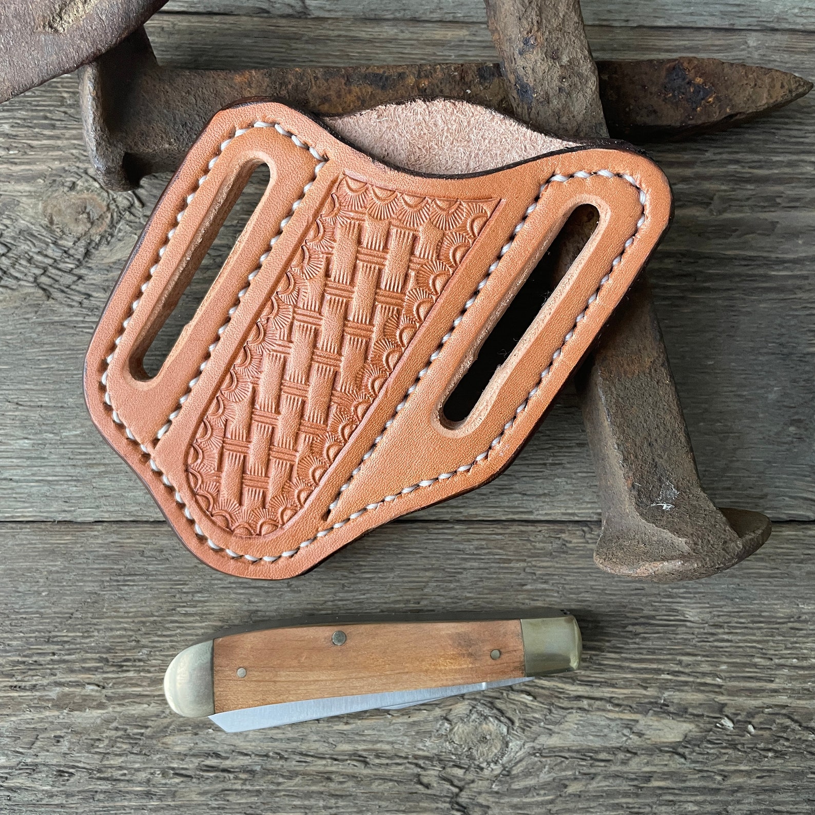 Leather Trapper Knife Sheath With Hand Tooled Design - Etsy