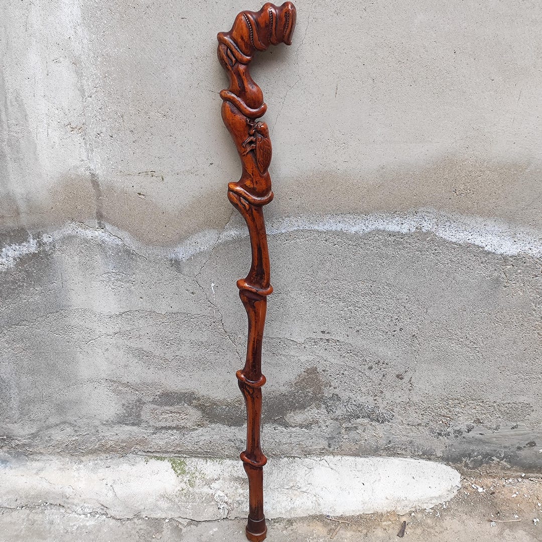 Rsre Solid Wood Vintage Flowers Cane Walking Stick Hand Carved Crutch ...