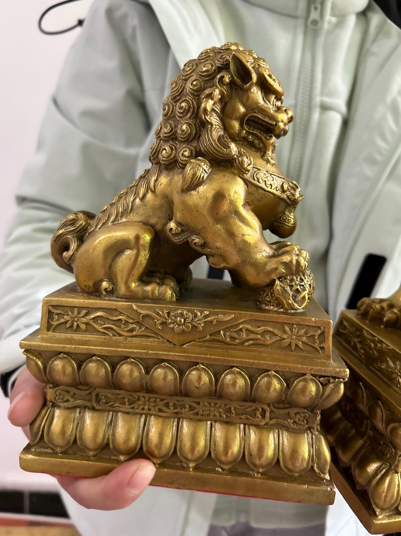 Asiatisk koppar ond Fu Foo Dog lejonstaty par signerad, kinesisk brons ...