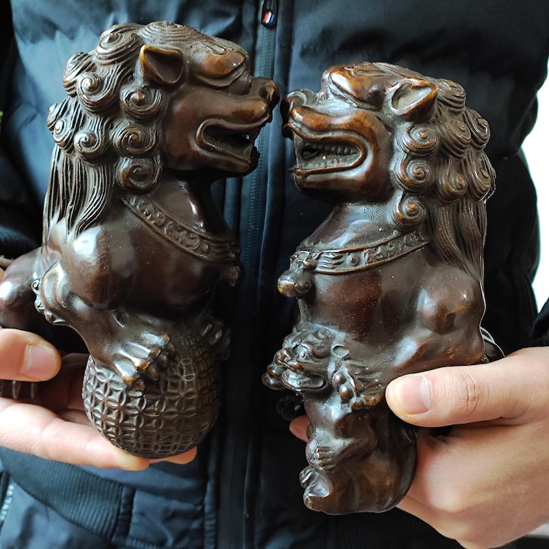 Asian Copper Evil Fu Foo Dog Lion Statue Pair Signed, Old Antiques ...