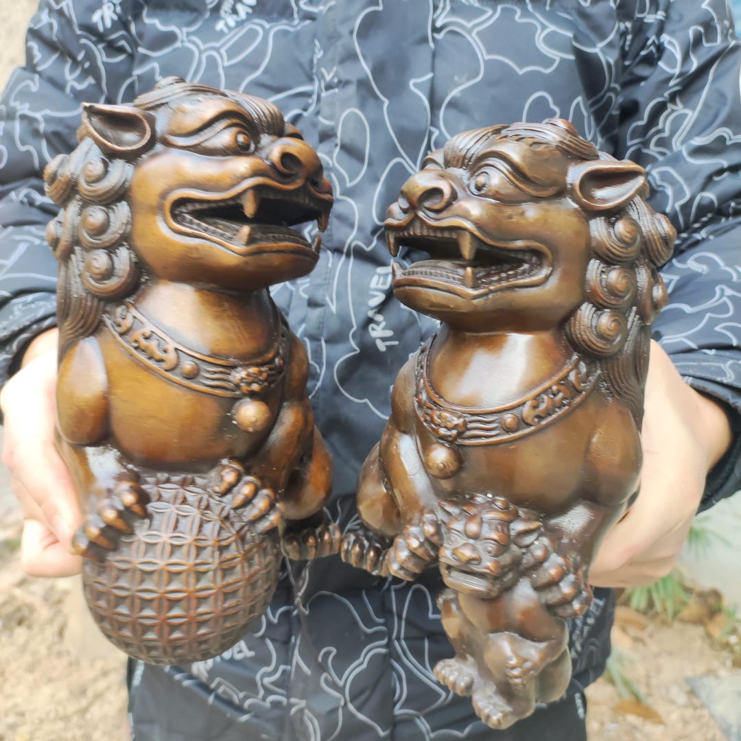 Pair Vintage Copper Lion Foo Dog Statues Figure, Evil Fu Foo Dog Lion ...