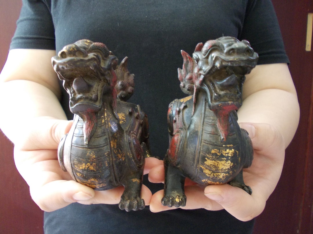 A Pair Copper Tibet Pixiu Beast Ornament Di Ting Miniature Brass Nepal ...