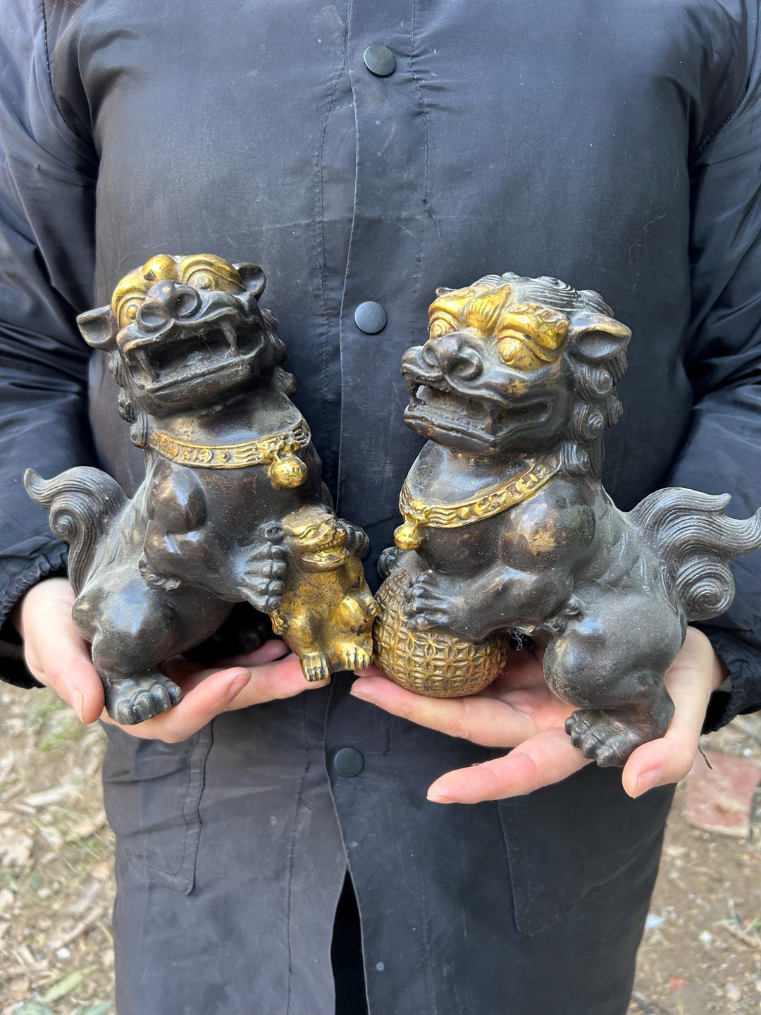 2.8kg A Pair Asian Copper Evil Fu Foo Dog Lion Statue , Old Antiques ...