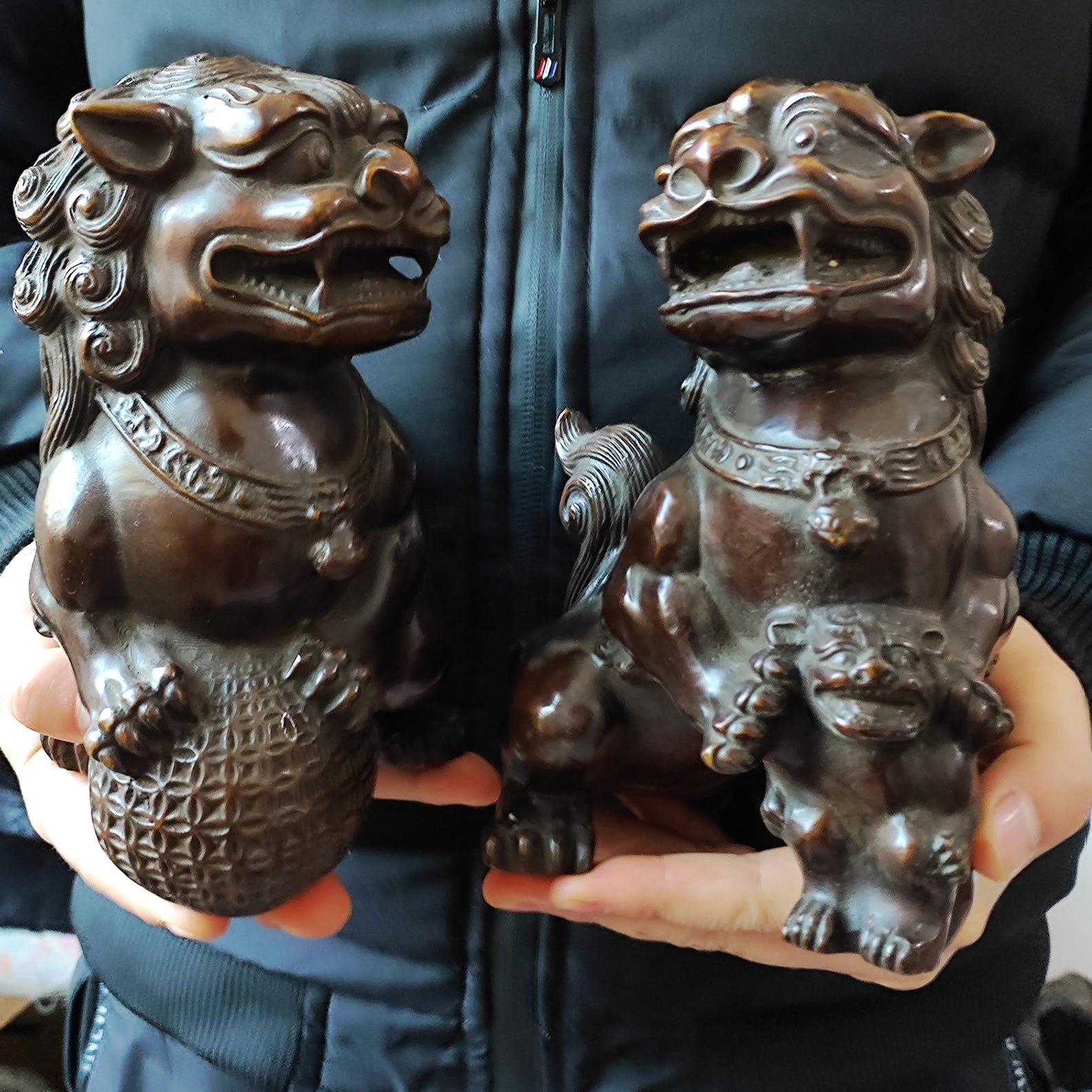 Asian Copper Evil Fu Foo Dog Lion Statue Pair Signed, Old Antiques ...