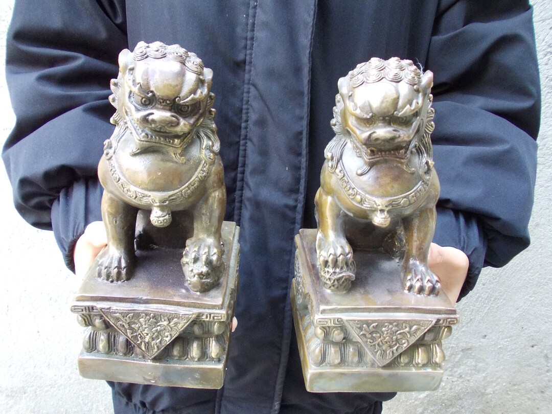 Asian Copper Evil Fu Foo Dog Lion Statue Pair Signed, Old Antiques ...