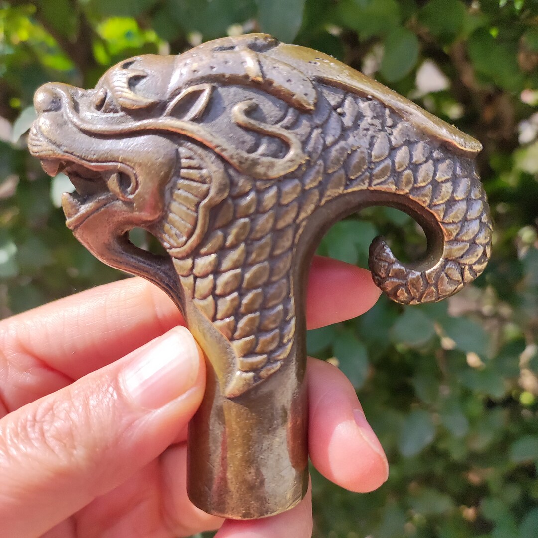 Solid Copper Dragon Head Cane Ornament Antique Arowana Handle Vintage ...