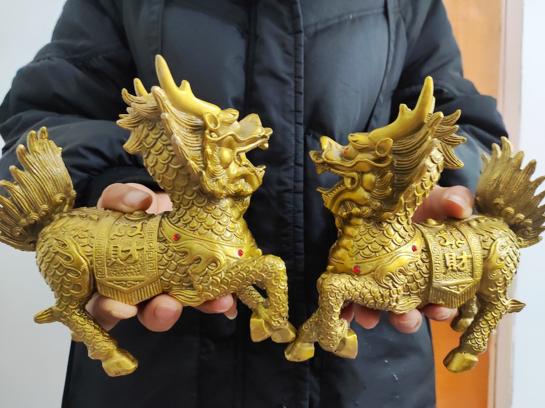 Pair of Brass Feng Shui Chi Lin Qilin Kei Loons Dragon Horse Heavenly ...