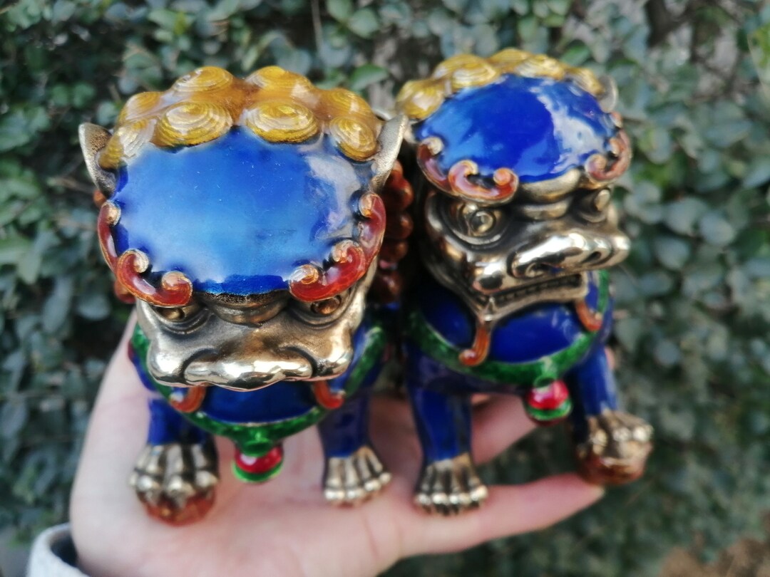 Asian Copper Evil Fu Foo Dog Lion Statue Pair Signed, Old Antiques ...