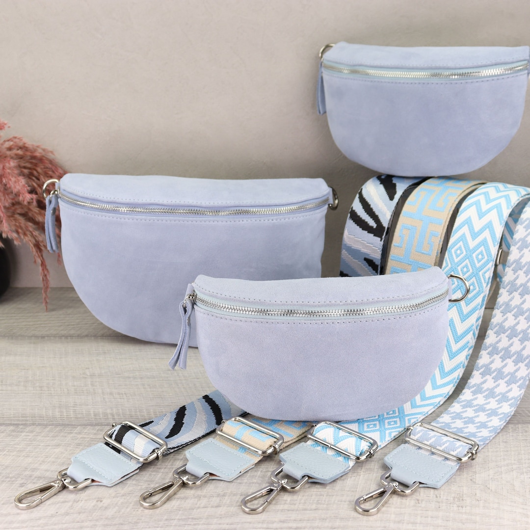 Suede Bag Light Blue With Patterned Straps, Suede Leather Fanny Pack ...