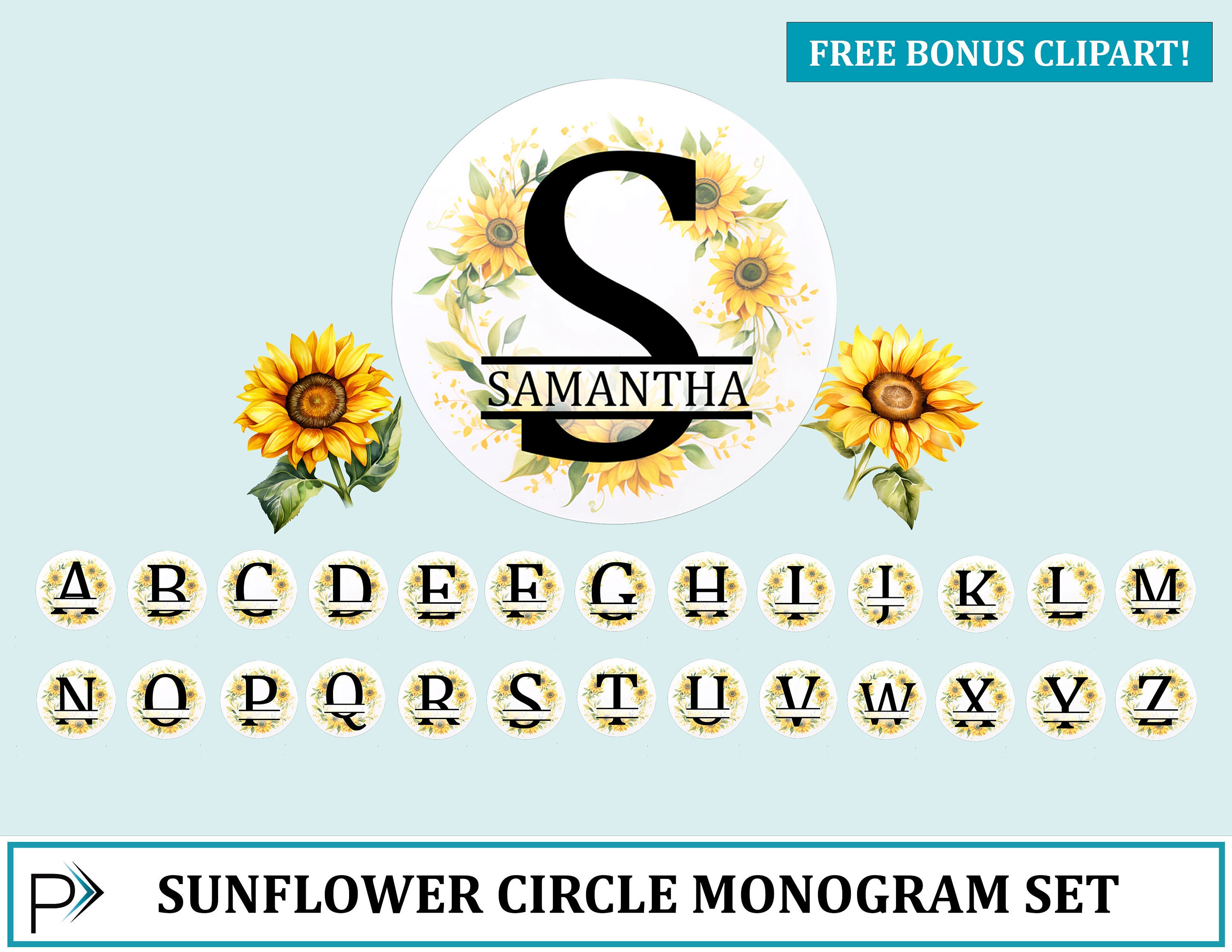 Sunflower Watercolor Monogram, Sunflower Split Monogram, Split Monogram ...