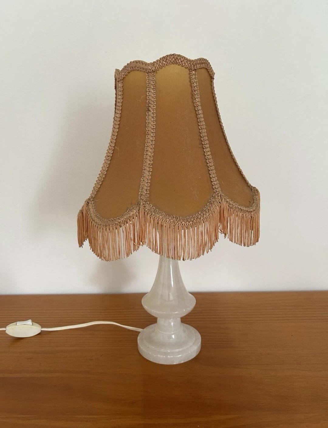 Vintage Lamp With Alabaster Base and Fringed Shade in a Classic Retro ...