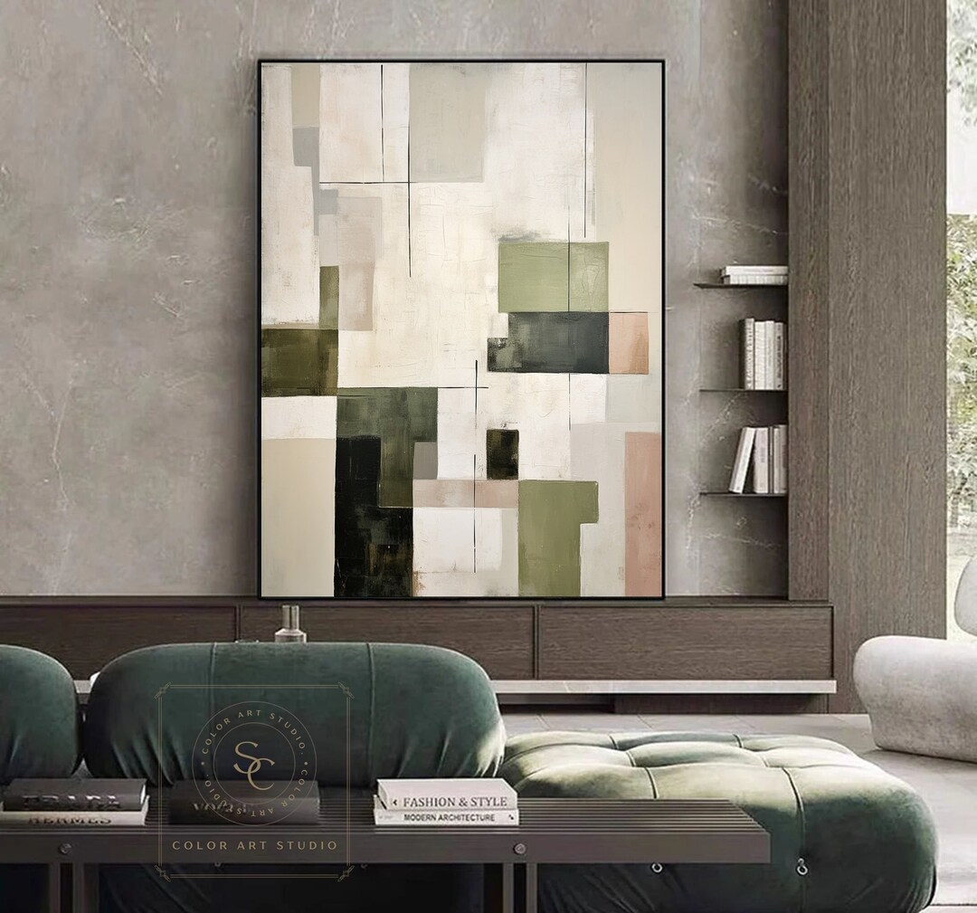 Original Beige Abstract Painting Green Minimalist Painting Large Beige ...