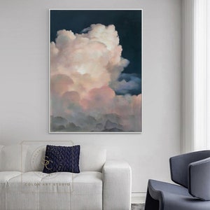 White Cloud Wall Art Large Cloudy Sky Painting Original Pink Cloud ...