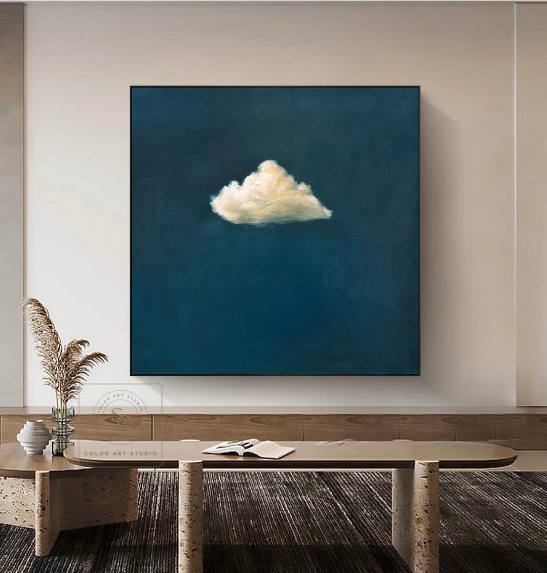 Minimalist Cloud Wall Art Large Blue Abstract Painting Beige Cloud ...