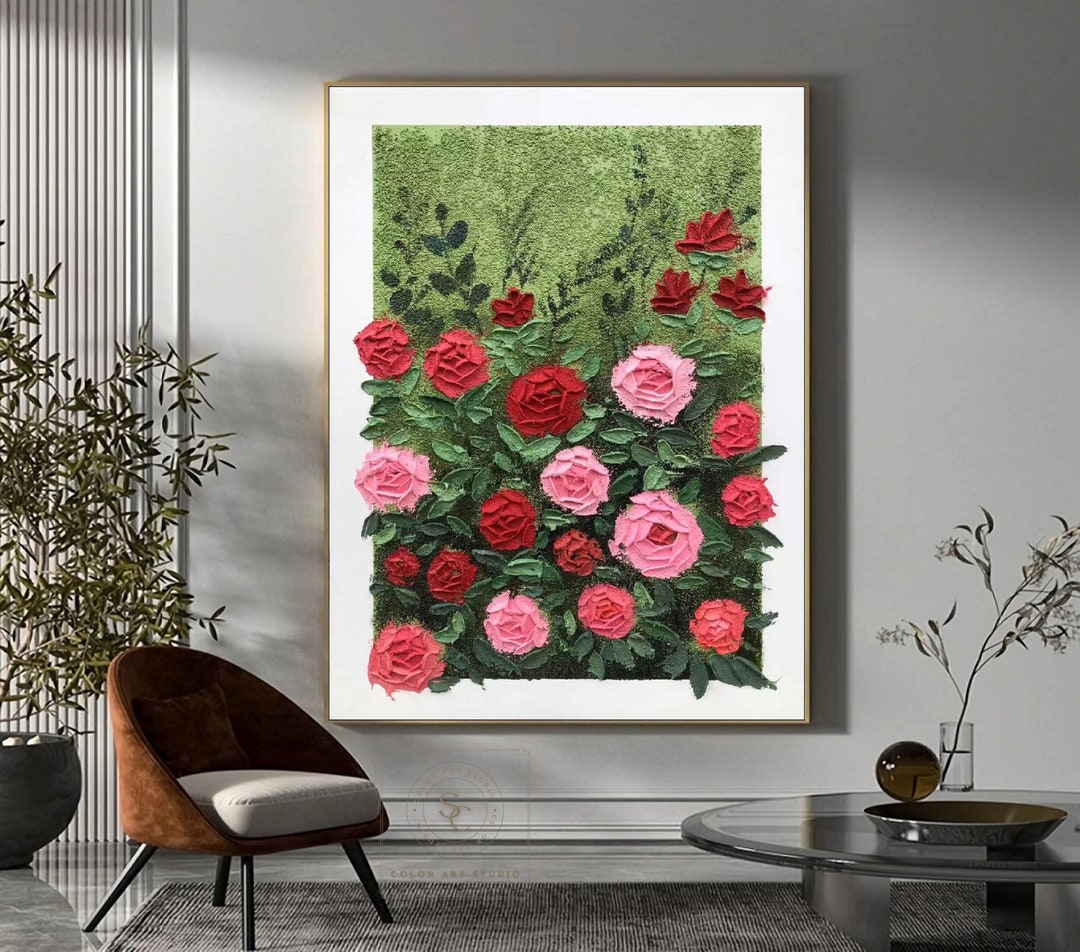 Original Flower Abstract Painting Red Rose Flower Wall Art Pink Rose ...
