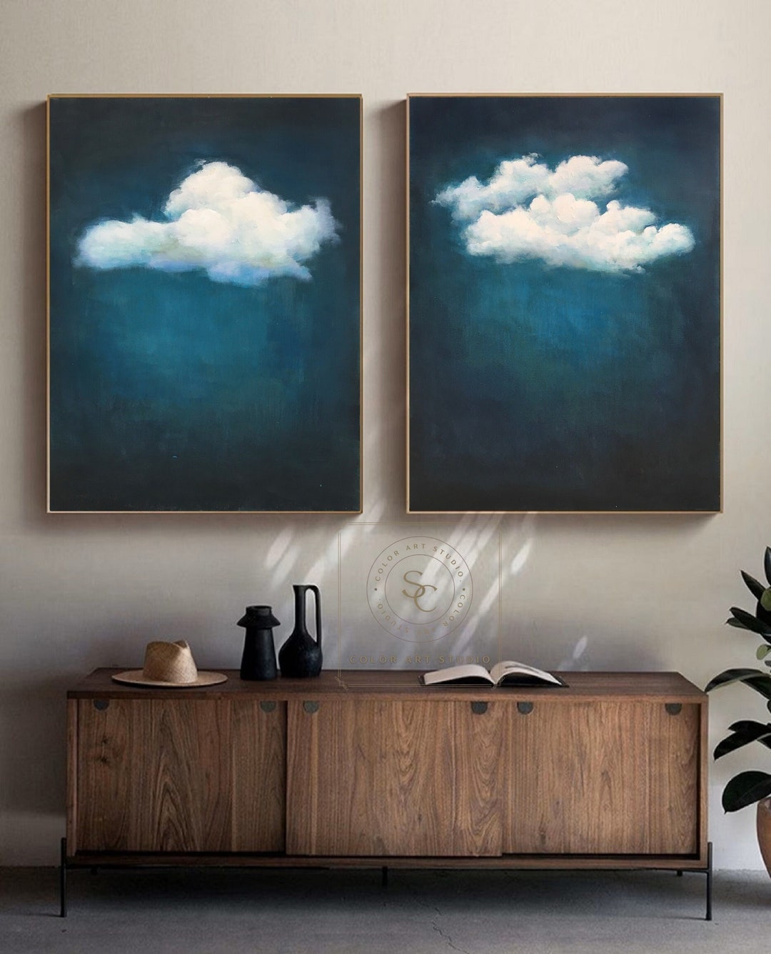 Navy Blue Abstract Painting Original Cloud Wall Art Set of 2 Paintings ...