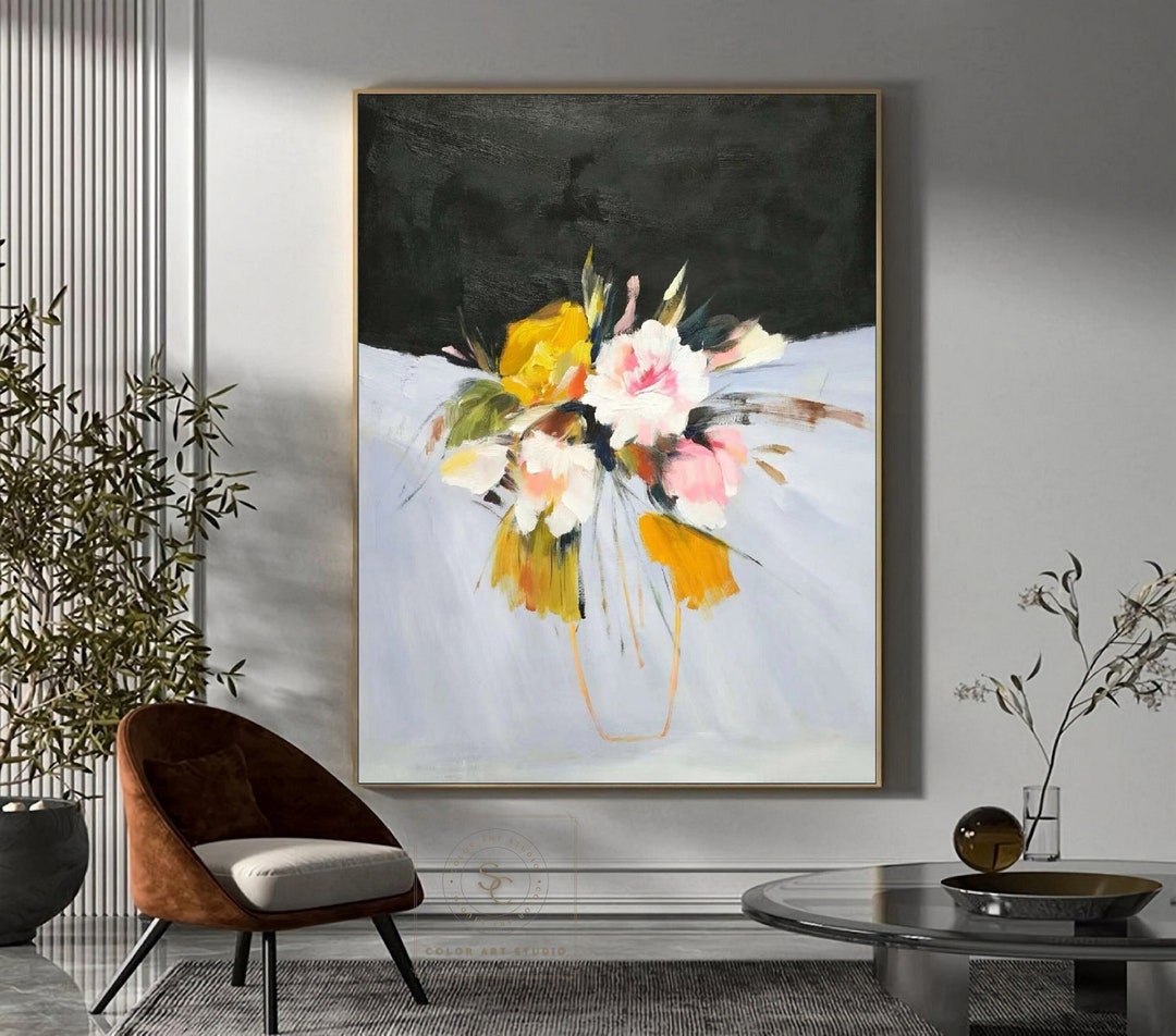 Original Flower Wall Art Large Floral Abstract Art Black White Painting ...
